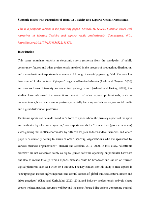 (PDF) Systemic Issues with Narratives of Identity: Toxicity and Esports ...