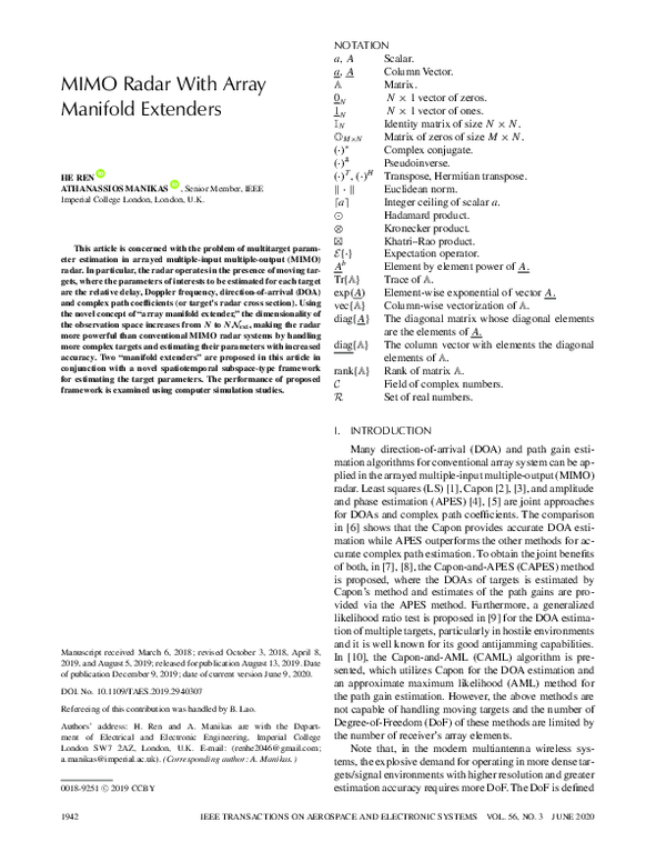 (PDF) MIMO Radar With Array Manifold Extenders | Athanassios Manikas - Academia.edu