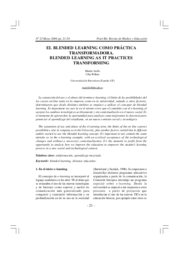 (PDF) El Blended Learning Como Práctica Transformadora. Blended ...