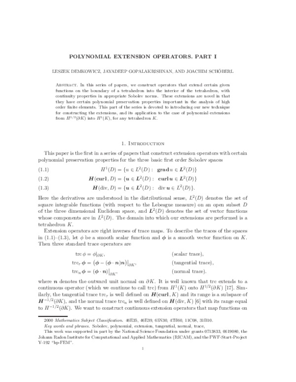 (PDF) Polynomial Extension Operators. Part I