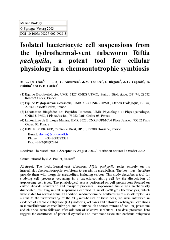 (PDF) Isolated bacteriocyte cell suspensions from the hydrothermal-vent ...