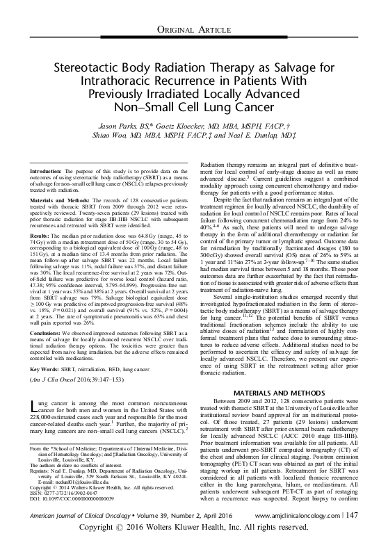 (PDF) Stereotactic Body Radiation Therapy as Salvage for Intrathoracic Recurrence in Patients ...