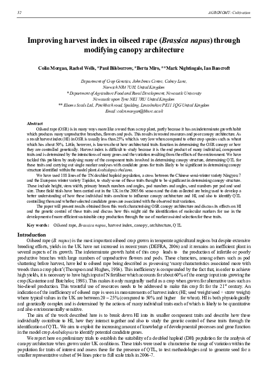 (PDF) Improving harvest index in oilseed rape ( Brassica napus ...