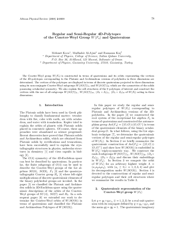 (PDF) Regular and Semi-Regular 4D-Polytopes of the Coxeter-Weyl Group W (SO (9)) and Quaternions