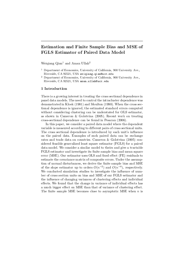 (PDF) Estimation and Finite Sample Bias and MSE of FGLS Estimator of Paired Data Model