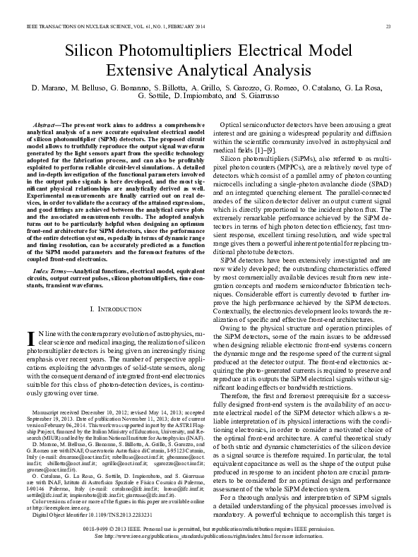 (PDF) Silicon Photomultipliers Electrical Model Extensive Analytical Analysis