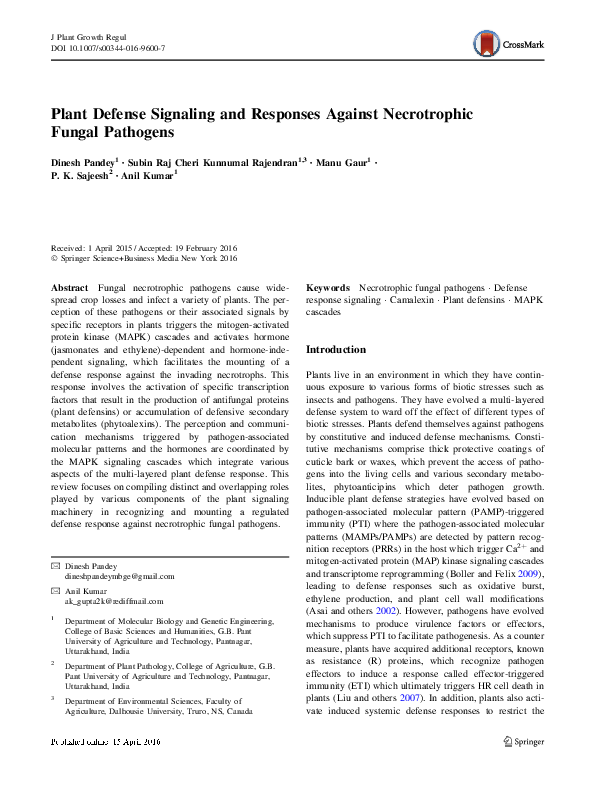(PDF) Plant Defense Signaling and Responses Against Necrotrophic Fungal ...