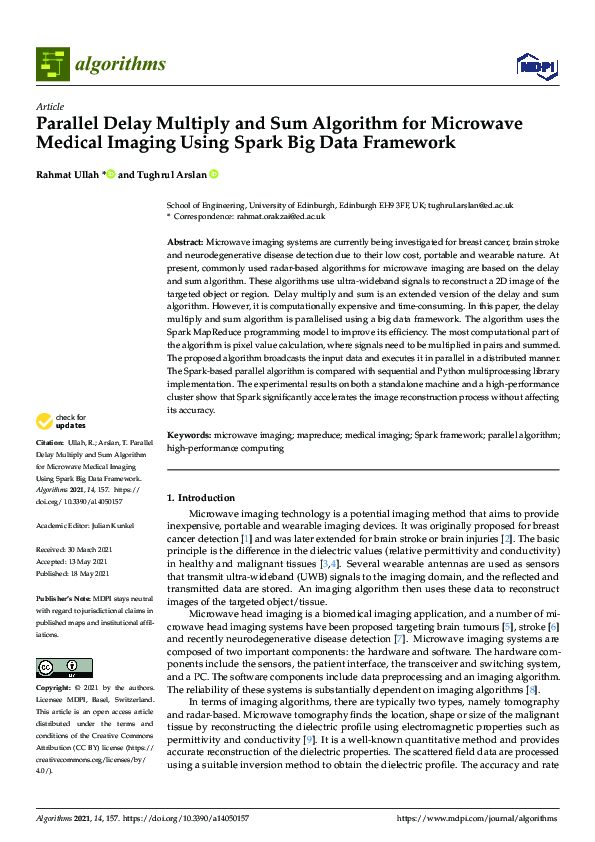 Pdf Parallel Delay Multiply And Sum Algorithm For Microwave Medical Imaging Using Spark Big