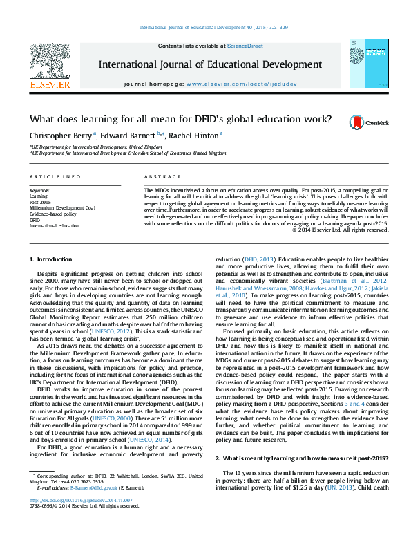 (PDF) What does learning for all mean for DFID's global education work?