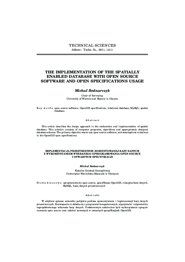 Pdf The Implementation Of The Spatially Enabled Database With Open Source Software And Open