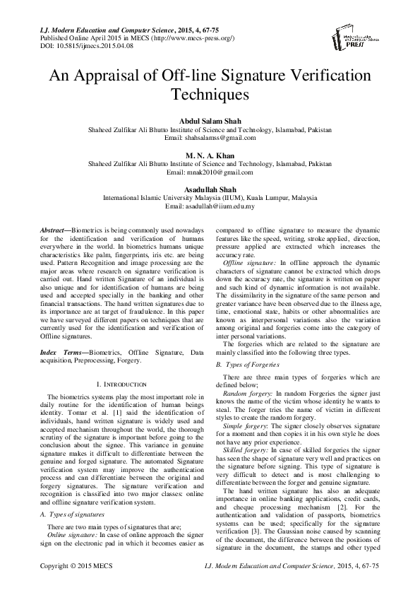 (PDF) An Appraisal of Off-line Signature Verification Techniques