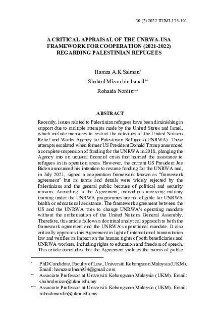 (PDF) A CRITICAL APPRAISAL OF THE UNRWA-USA FRAMEWORK FOR COOPERATION ...