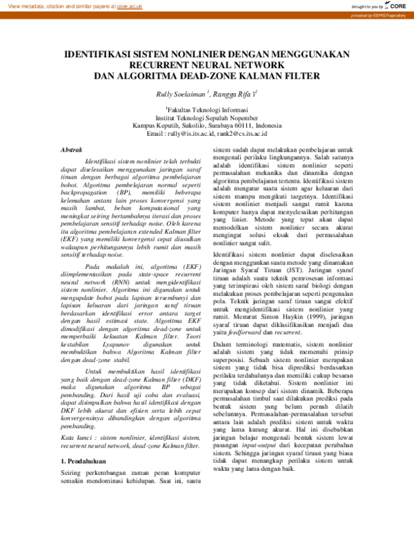 Pdf Identifikasi Sistem Nonlinier Dengan Menggunakan Recurrent Neural