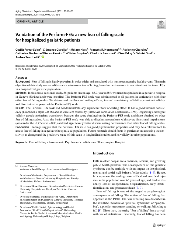 (PDF) Validation of the Perform-FES: a new fear of falling scale for ...