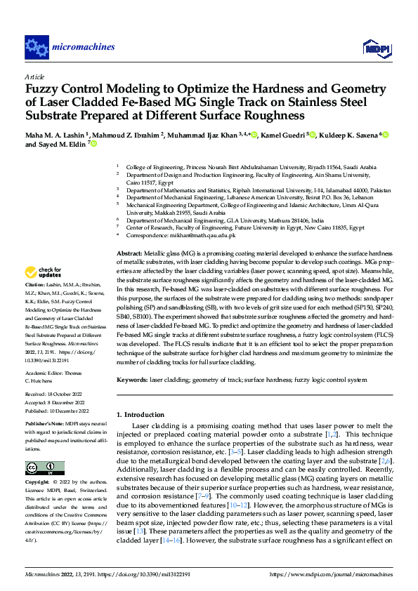 (PDF) Fuzzy Control Modeling to Optimize the Hardness and Geometry of Laser Cladded Fe-Based MG ...