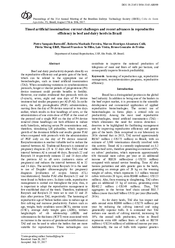 (PDF) Timed artificial insemination: current challenges and recent advances in reproductive ...