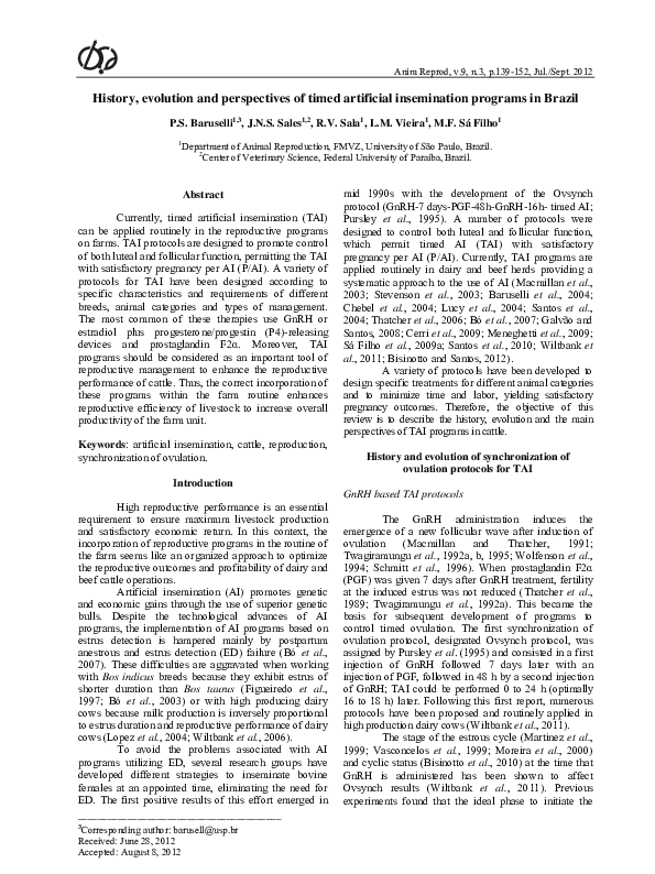 (PDF) History, evolution and perspectives of timed artificial insemination programs in Brazil