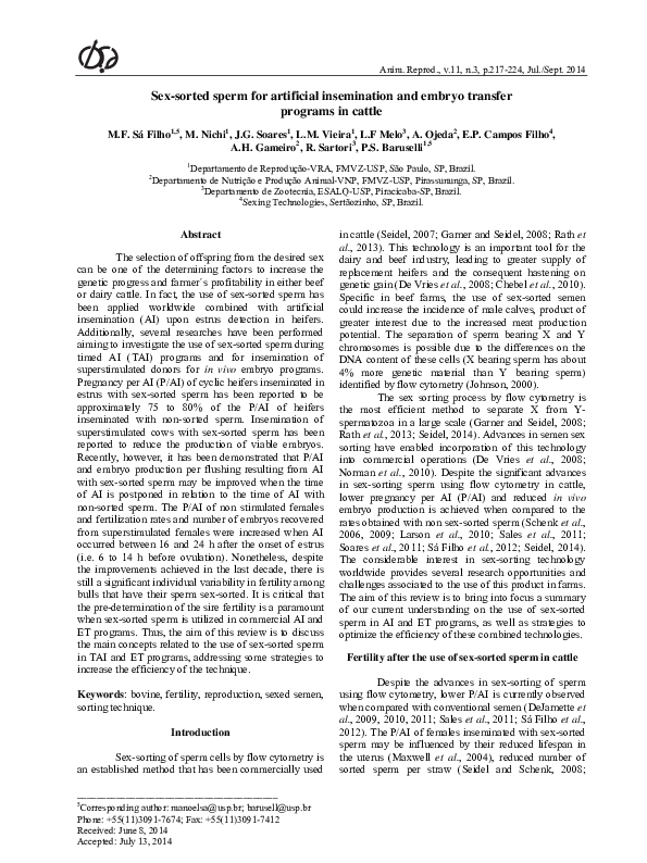 (PDF) Sex-sorted sperm for artificial insemination and embryo transfer programs in cattle