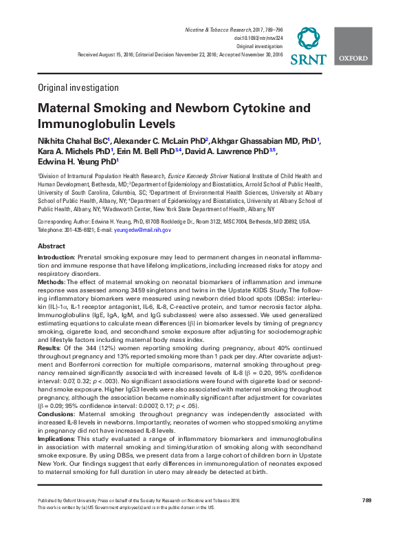 (PDF) Maternal Smoking and Newborn Cytokine and Immunoglobulin Levels