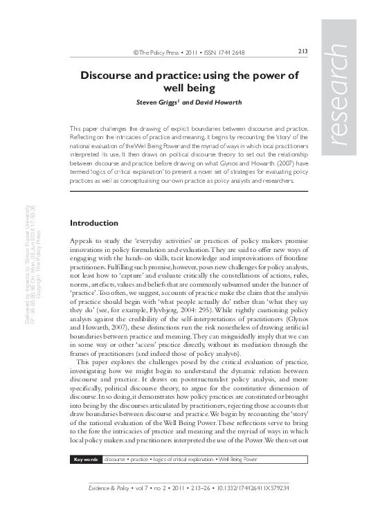(PDF) Discourse and practice: using the power of well being