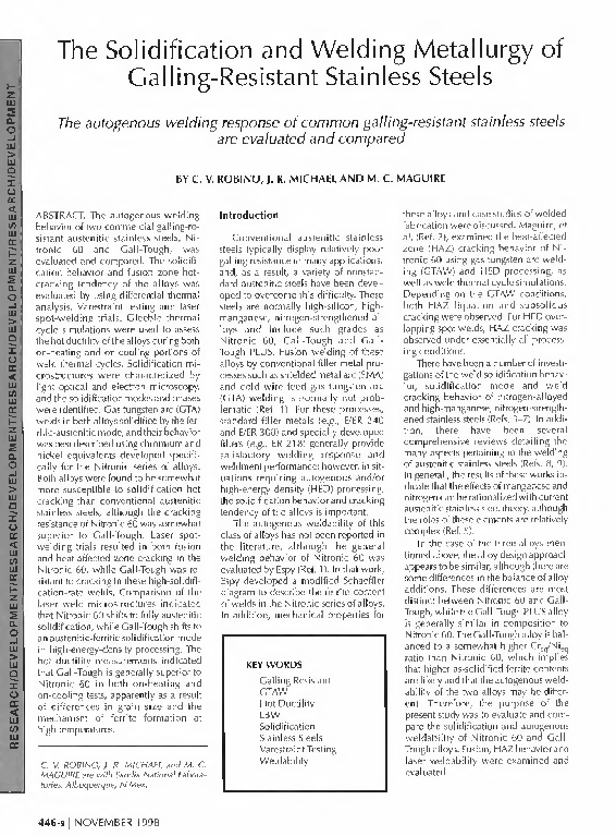 (PDF) The solidification and welding metallurgy of galling-resistant ...