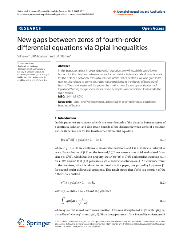 Pdf New Gaps Between Zeros Of Fourth Order Differential Equations Via Opial Inequalities