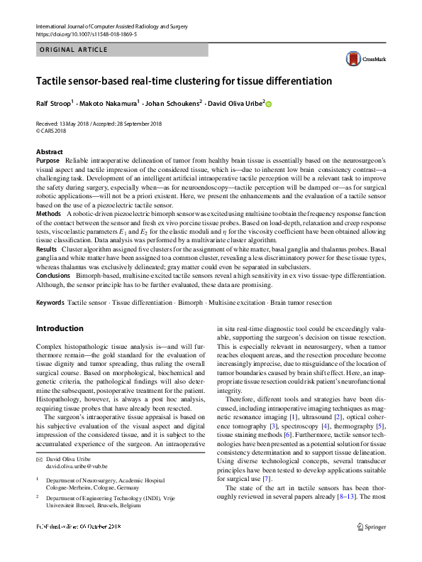 (PDF) Tactile sensor-based real-time clustering for tissue differentiation