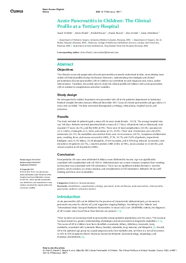 (PDF) Acute Pancreatitis in Children: The Clinical Profile at a ...