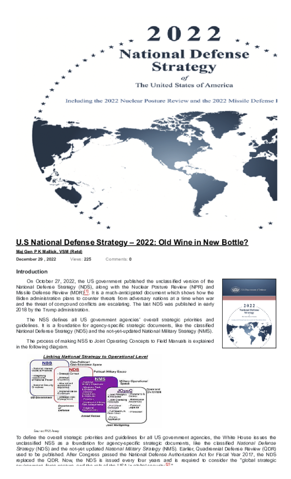 (PDF) U.S National Defense Strategy -2022: Old Wine in New Bottle