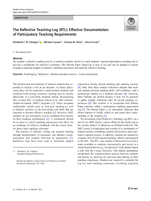 (PDF) The Reflective Teaching Log (RTL): Effective Documentation of ...