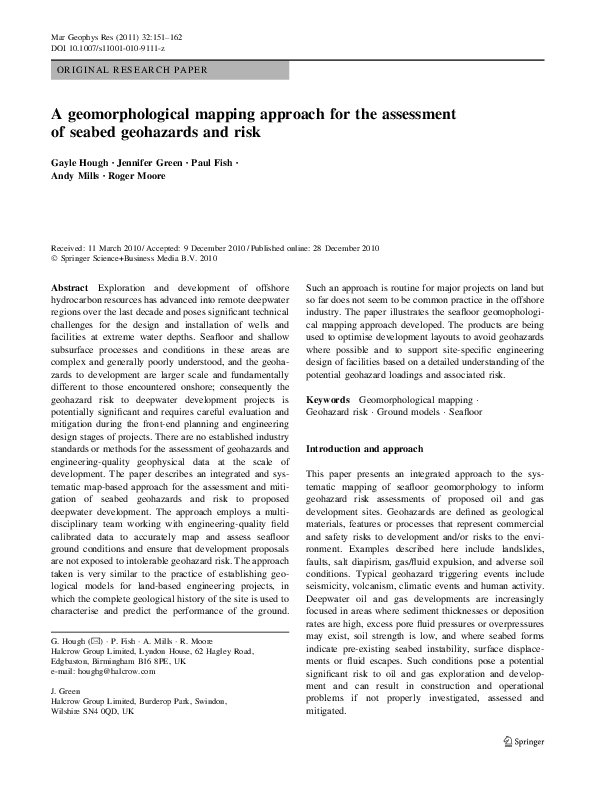 (PDF) A geomorphological mapping approach for the assessment of seabed geohazards and risk