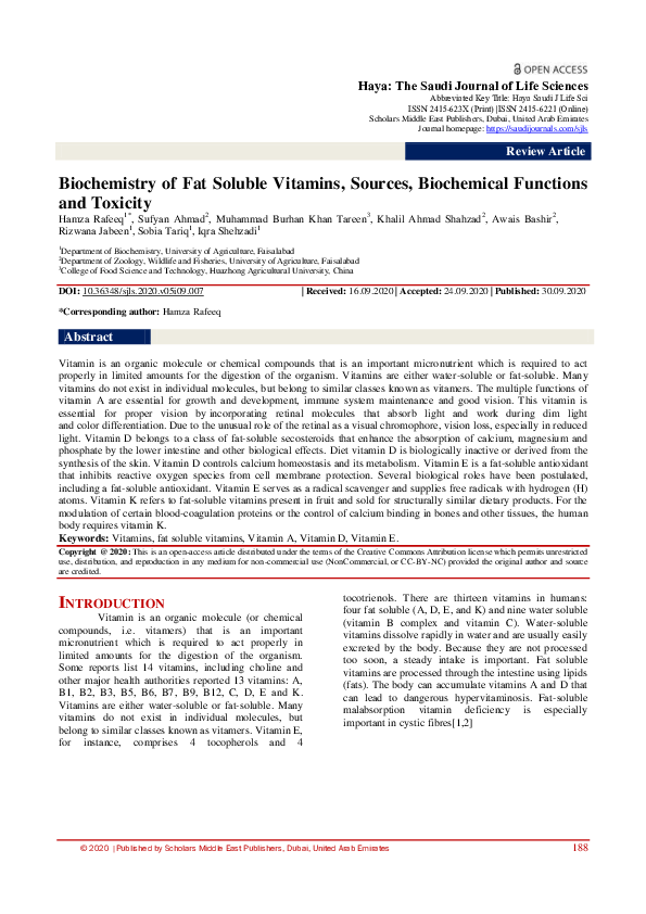 (PDF) Biochemistry of Fat Soluble Vitamins, Sources, Biochemical ...