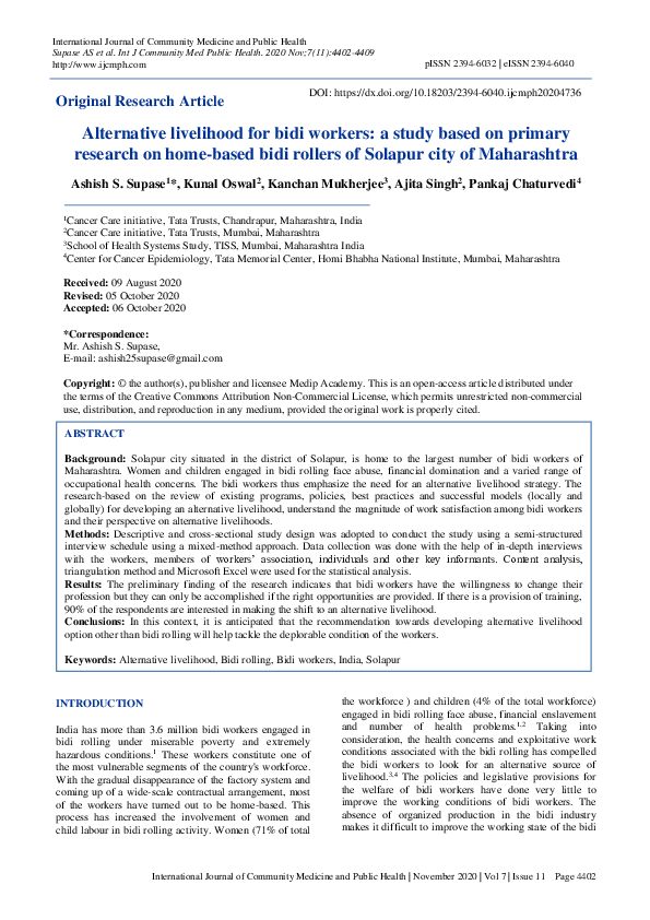 (PDF) Alternative livelihood for bidi workers: a study based on primary ...