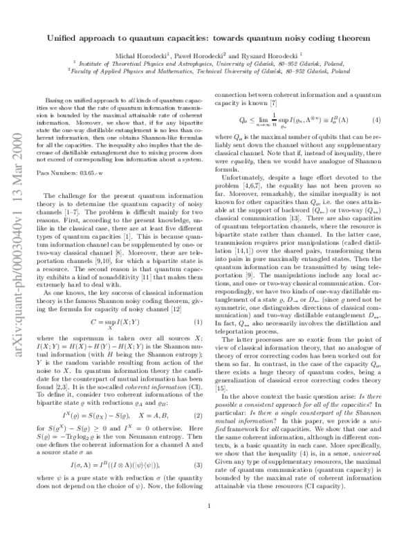 (PDF) Unified Approach to Quantum Capacities: Towards Quantum Noisy Coding Theorem