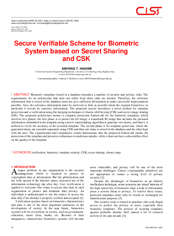 (PDF) Secure Verifiable Scheme for Biometric System based on Secret Sharing and CSK