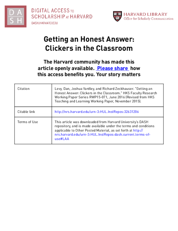 (PDF) Getting an Honest Answer: Clickers in the Classroom