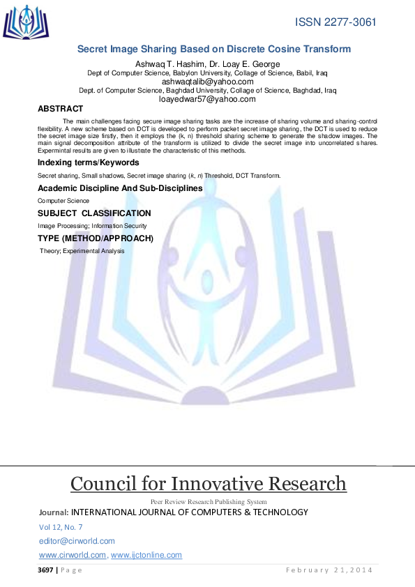 Pdf Secret Image Sharing Based On Discrete Cosine Transform