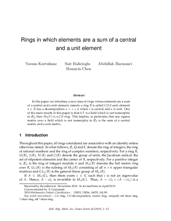 Pdf Rings In Which Elements Are A Sum Of A Central And A Unit Element