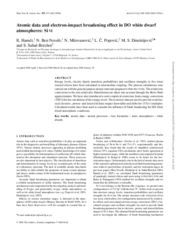 Pdf Atomic Data And Electron Impact Broadening Effect In Do White Dwarf Atmospheres Si Vi