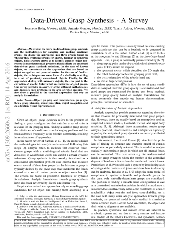 (PDF) Data-Driven Grasp Synthesis—A Survey