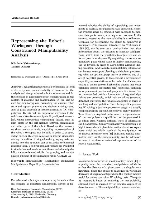 Pdf Representing The Robots Workspace Through Constrained Manipulability Analysis