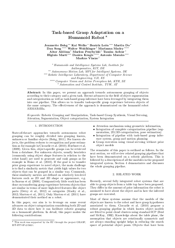 (PDF) Task-based Grasp Adaptation on a Humanoid Robot