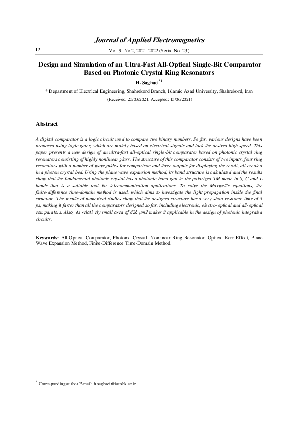 (PDF) Design and Simulation of an Ultra-Fast All-Optical Single-Bit Comparator Based on Photonic ...
