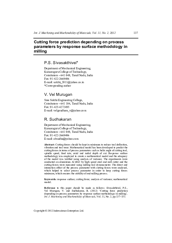 Pdf Cutting Force Prediction Depending On Process Parameters By