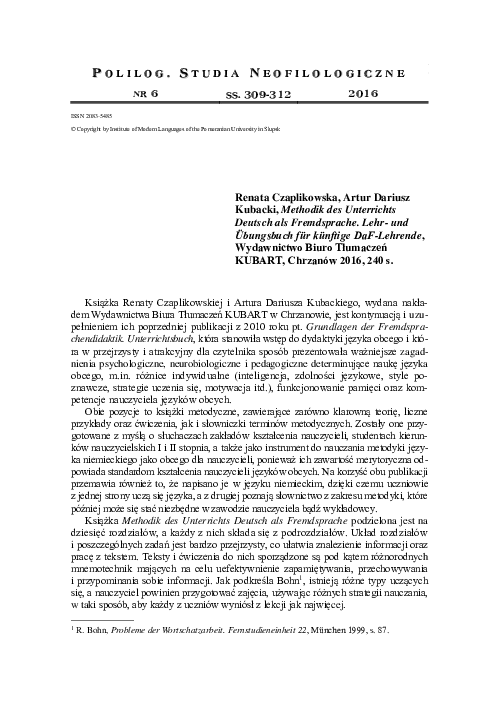 (PDF) Renata Czaplikowska, Artur Dariusz Kubacki, Methodik des ...