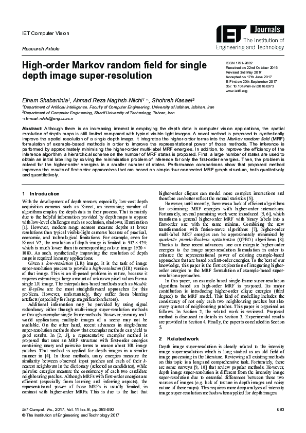 Pdf High Order Markov Random Field For Single Depth Image Super Resolution Shohreh Kasaei
