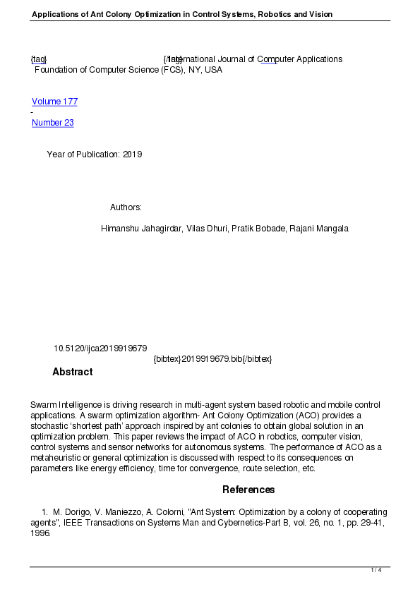 (PDF) Applications of Ant Colony Optimization in Control Systems, Robotics and Vision