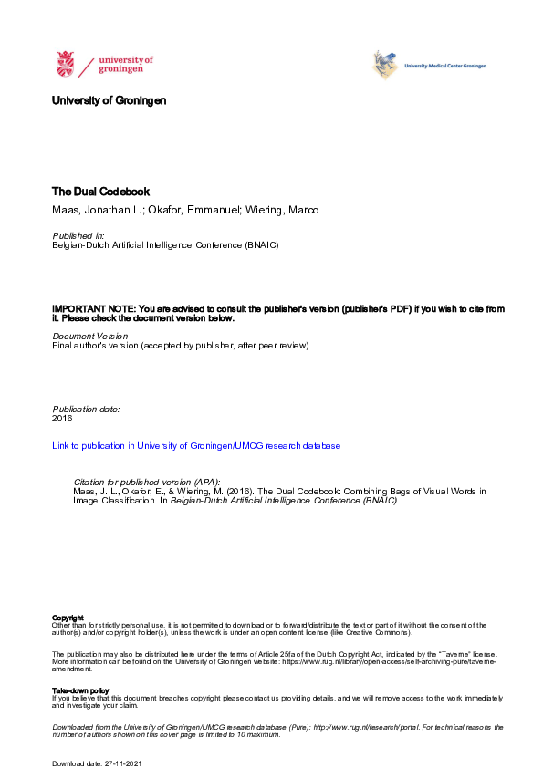 (PDF) The Dual Codebook : Combining Bags of Visual Words in Image Classification