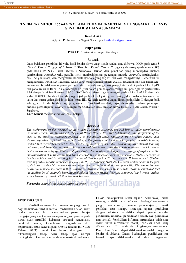 (PDF) Penerapan Metode Scramble Pada Tema Daerah Tempat Tinggalku Kelas IV Sdn Lidah Wetan 4 ...
