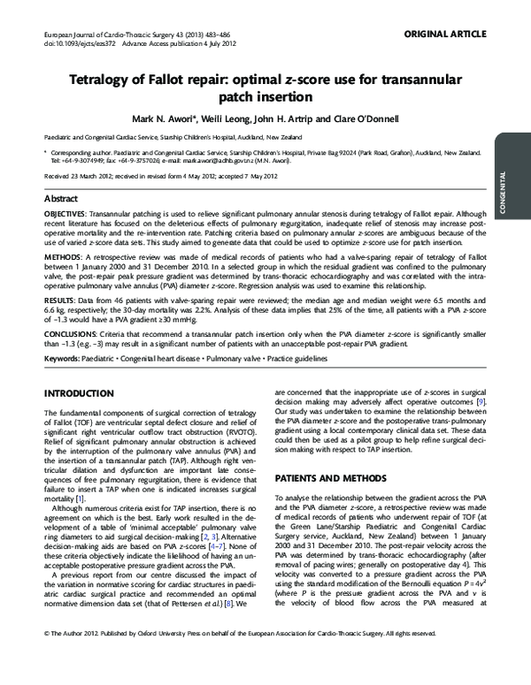 (PDF) Tetralogy of Fallot repair: optimal z-score use for transannular ...